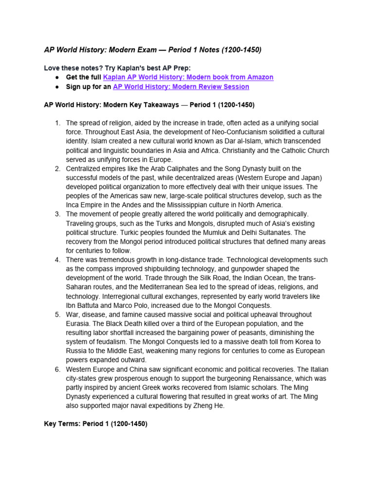 AP World History - Modern Exam - Period 1 Notes (1200-1450) | Download ...