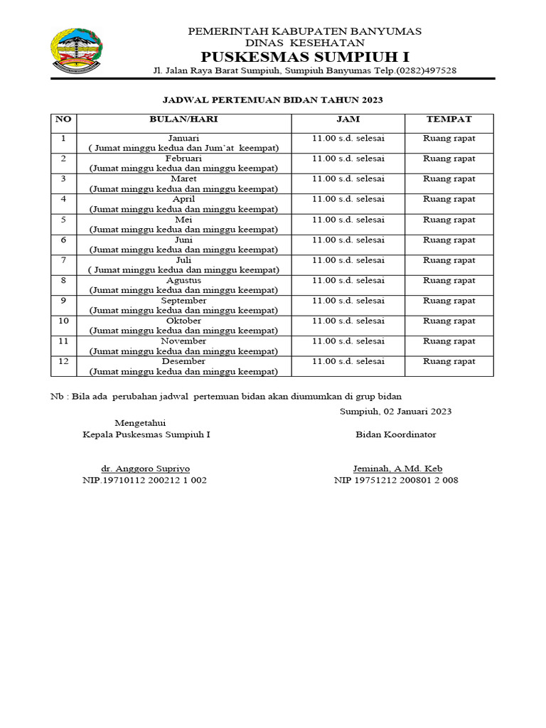 Jadwal Pertemuan Bidan | PDF