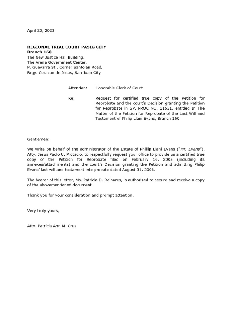 Request for Court Documents in Pasig | PDF