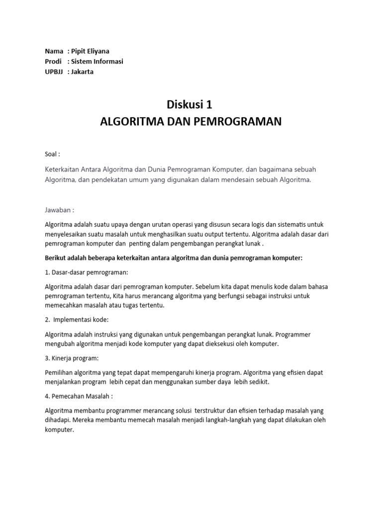 Algoritma Dan Pemrograman Diskusi 1 | PDF Algoritma Dan Pemrograman Diskusi 1 | PDF