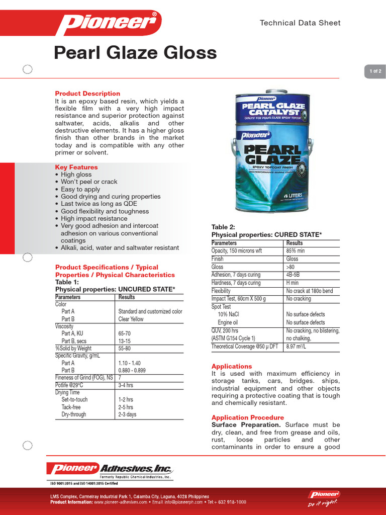 TDS - Pioneer Pearl Glaze Gloss - 022019 | PDF | Epoxy | Paint