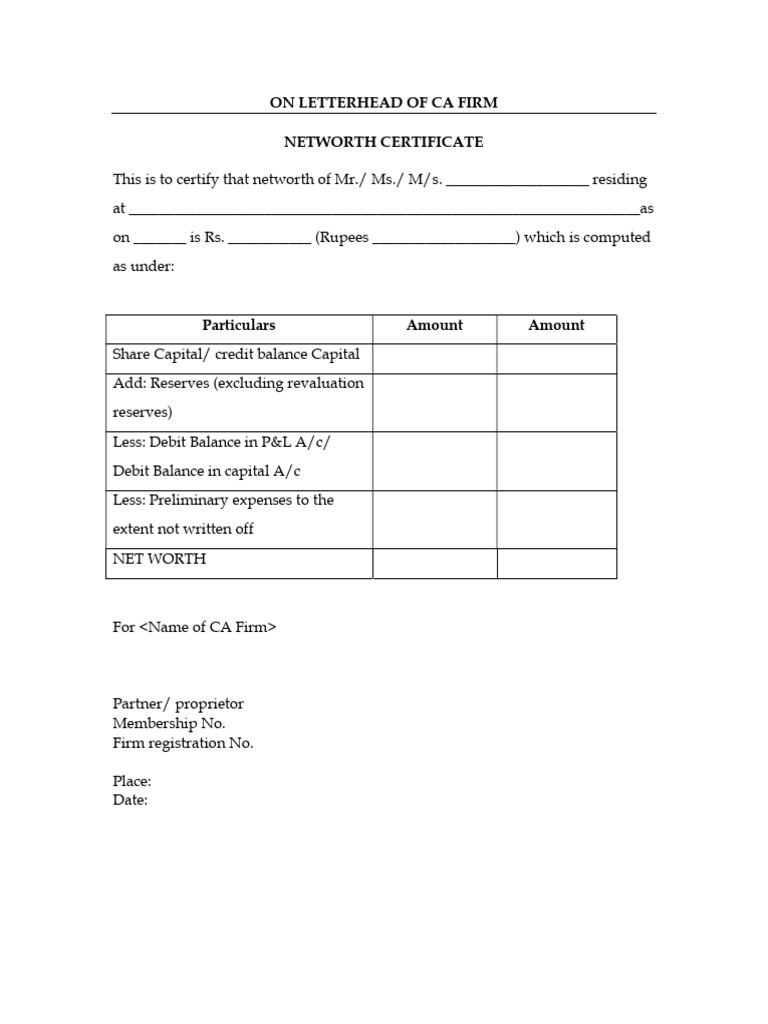 Networth Certificate Format On CA Letterhead | PDF