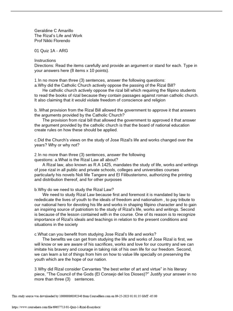 01 Quiz 1 Rizal Essay | PDF | Social Science | History