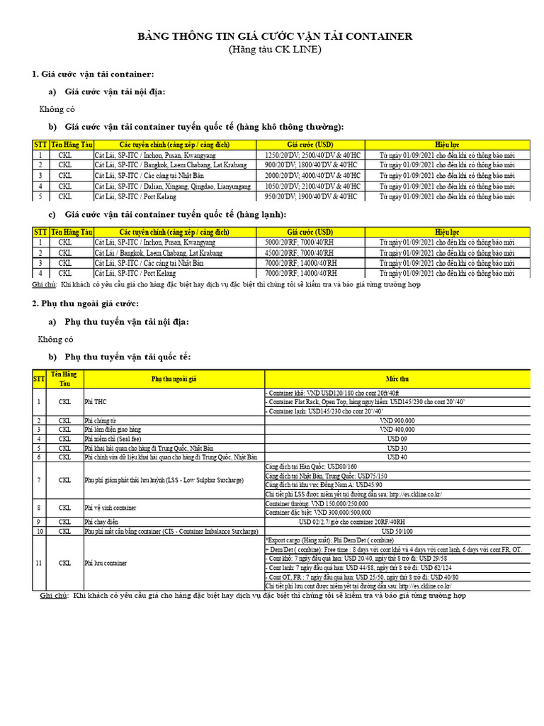 CK Line - Bảng Thông Tin Giá Cước Vận Tải Container | PDF