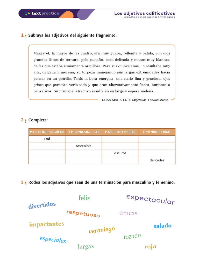 Práctica de Adjetivos Calificativos | PDF | Adjetivo | Sintaxis