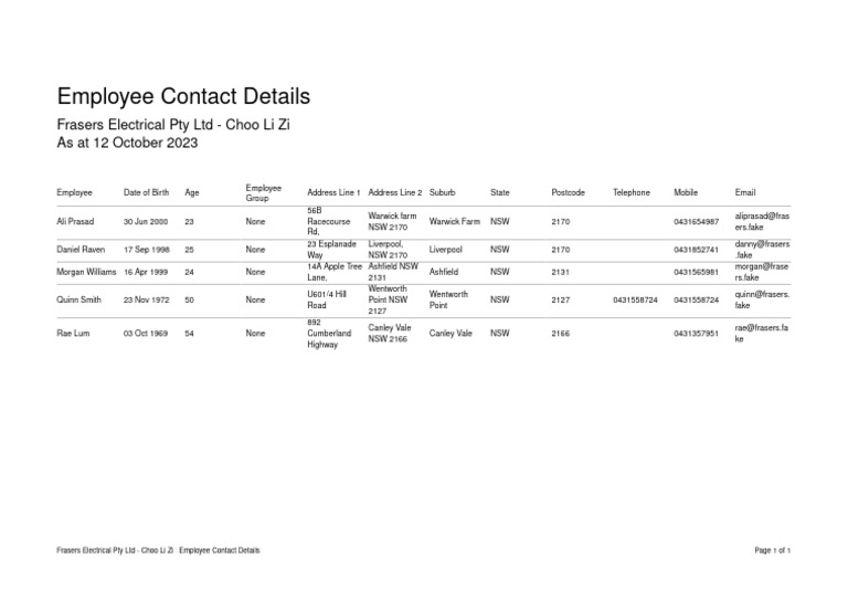 Employee Contact Details | PDF