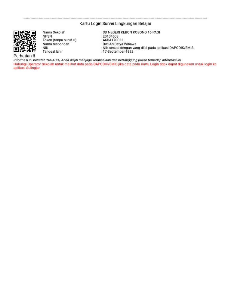 Kartu - Login - Satuan - Dwi Ari Setya Wibawa - SD Negeri Kebon Kosong 16 Pagi-1 | PDF
