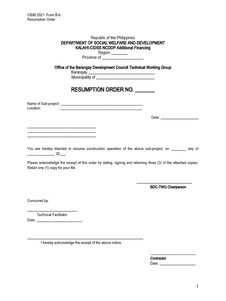 CBIM 2021 Form B-6 - Resumption Order | PDF