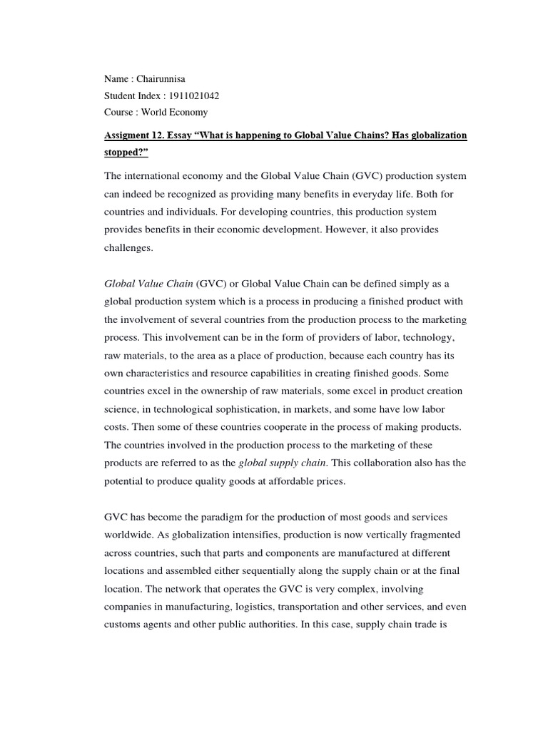 Chairunnisa - Assigment 12. Essay Global Value Chains | PDF | Supply Chain | Macroeconomics