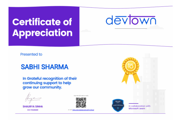 DevTown - Certificate of Appreciation | PDF