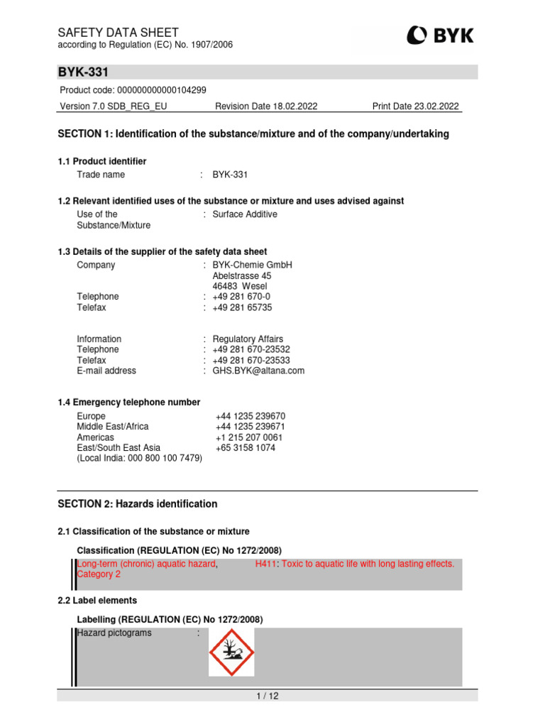 Byk-331 MSDS | PDF | Dangerous Goods | Toxicity
