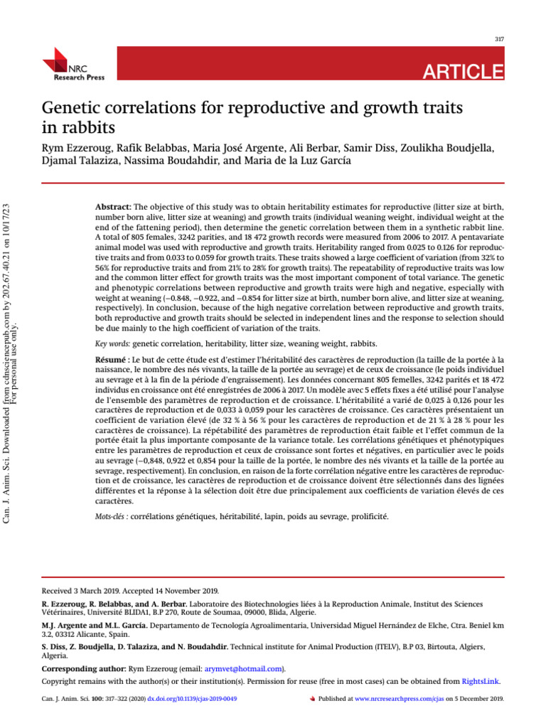 Ezzeroug Et Al 2019 Genetic Correlations For Reproductive and Growth ...