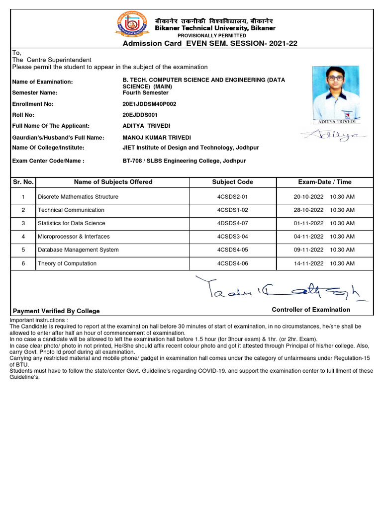 Admission Card EVEN SEM. SESSION-2021-22 | PDF