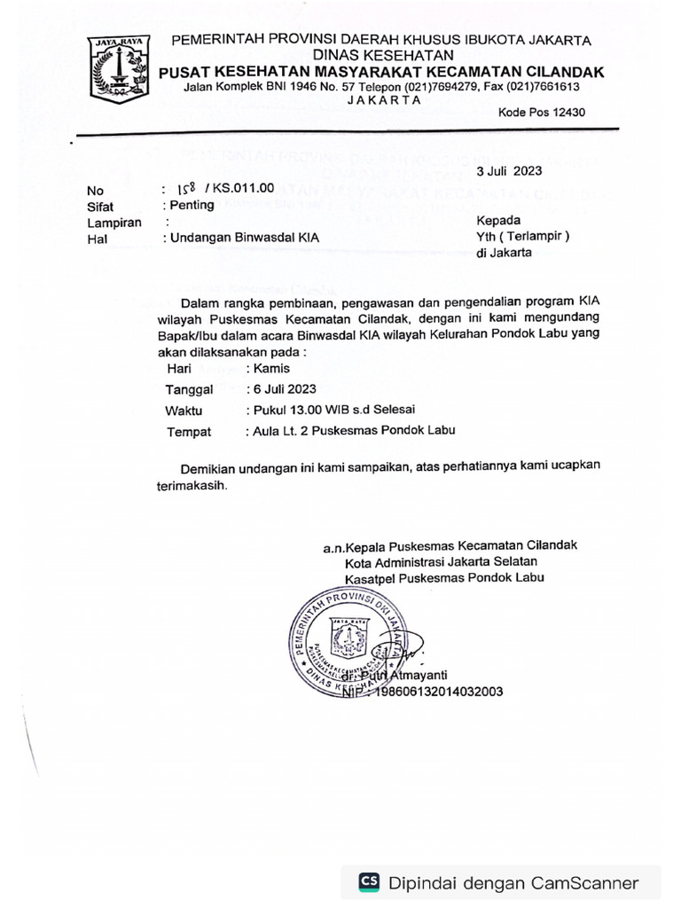 Undangan Binwasdal KIA Puskesmas Pondok | PDF