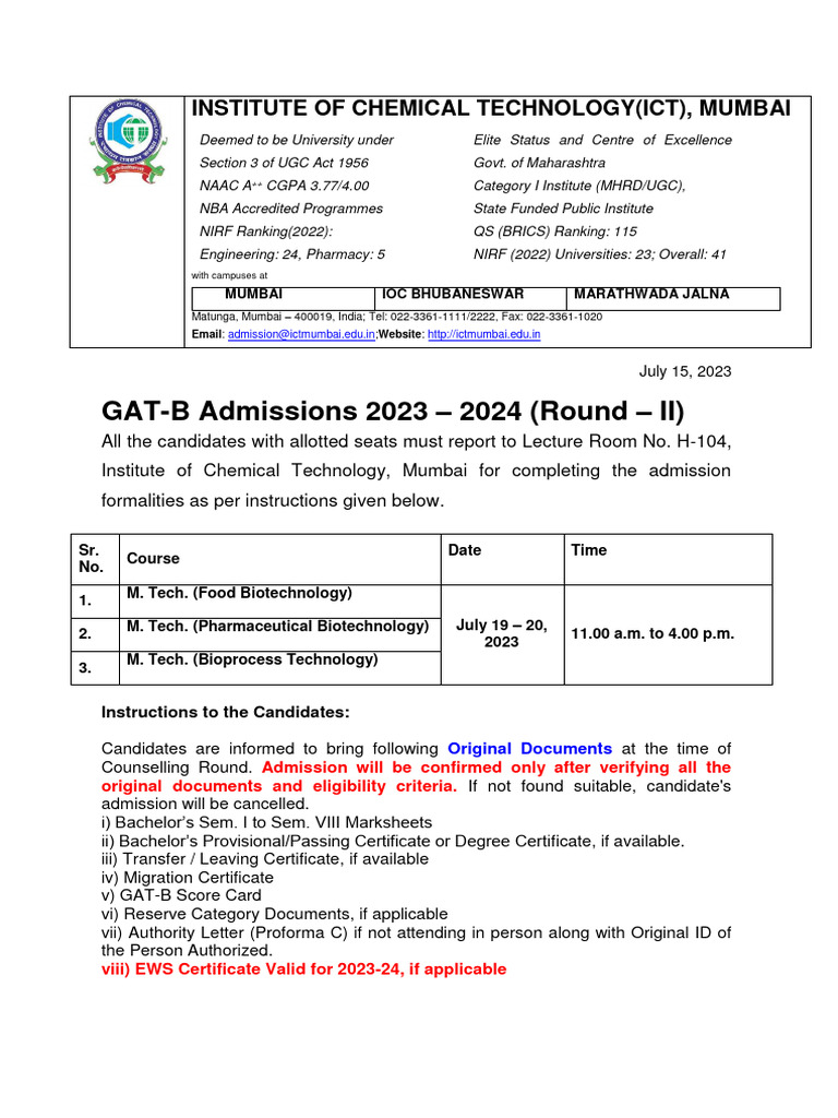 Round-II GAT-B (DBT Courses) Insturctions For Candidates (Admission ...