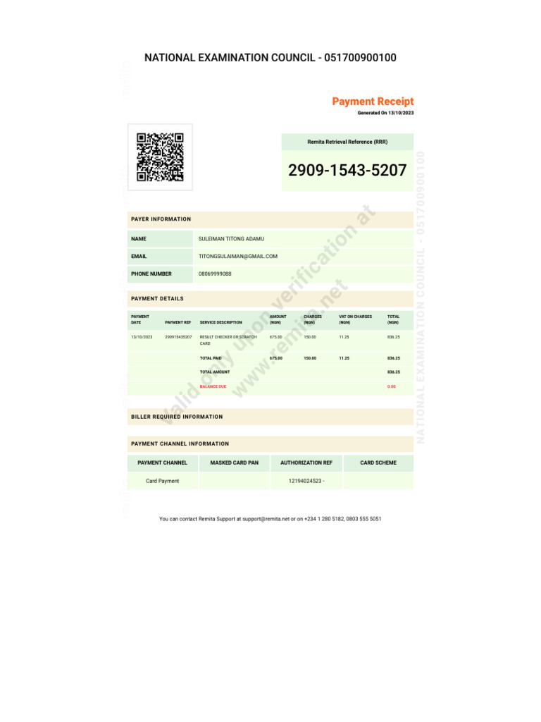 NECO Receipt | PDF | Payments | Service Industries