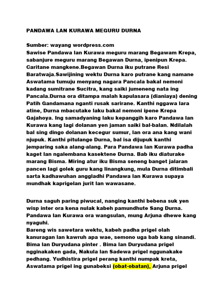 Pandawa Lan Kurawa Meguru Durna | PDF