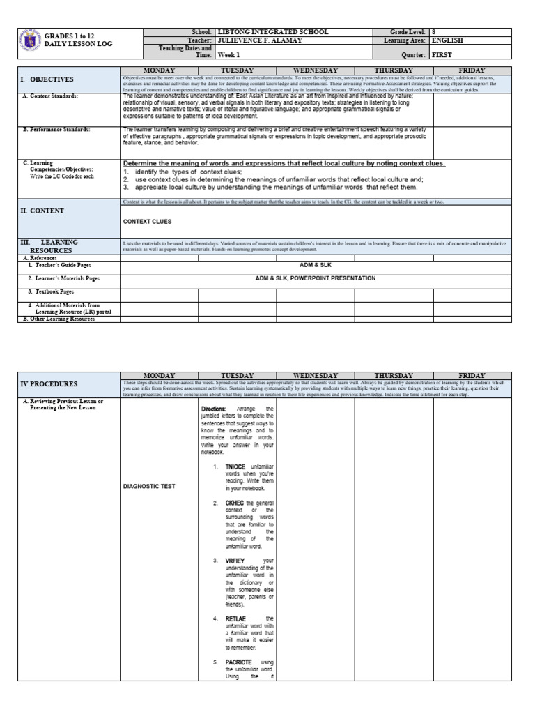 DLL-ENG8-2NDQ-1st-week Edited | PDF | Learning | Teachers DLL-ENG8-2NDQ-1st-week Edited | PDF | Learning | Teachers