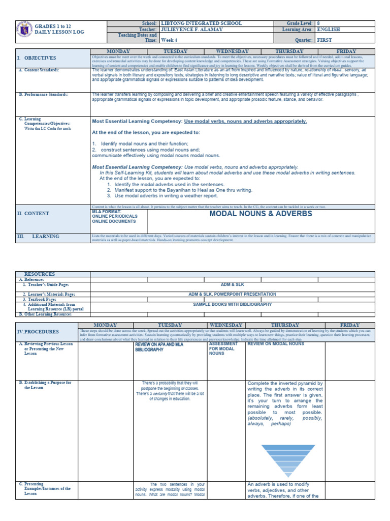 DLL ENG8 1STQ 4TH Week | PDF | Adverb | Verb DLL ENG8 1STQ 4TH Week | PDF | Adverb | Verb
