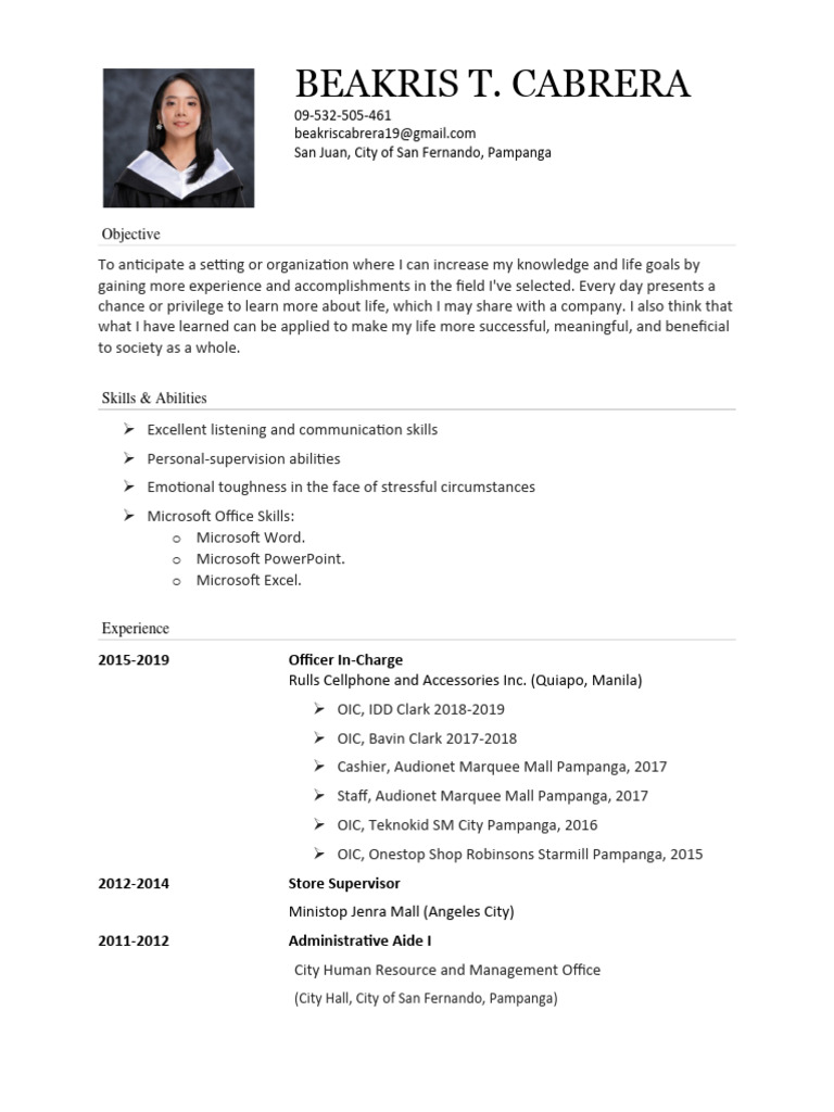 Resume - Beakris Cabrera | Download Free PDF | Cognition | Cognitive Science