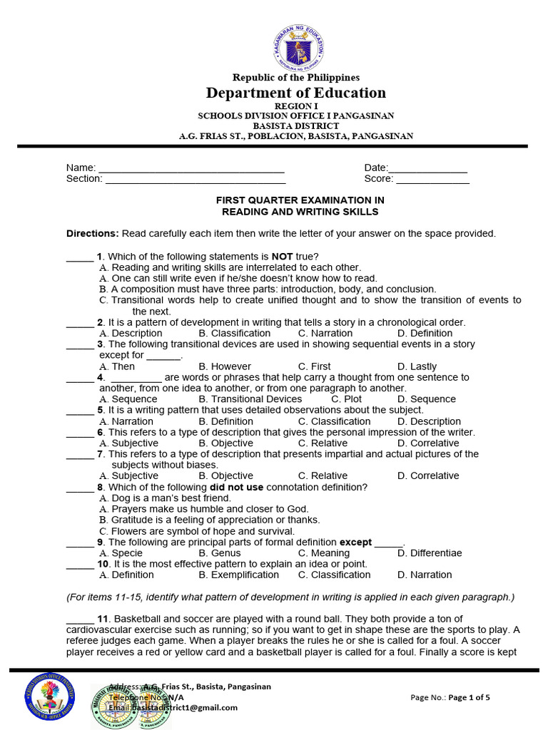 First Quarter Reading and writing Skills Test Questions | PDF