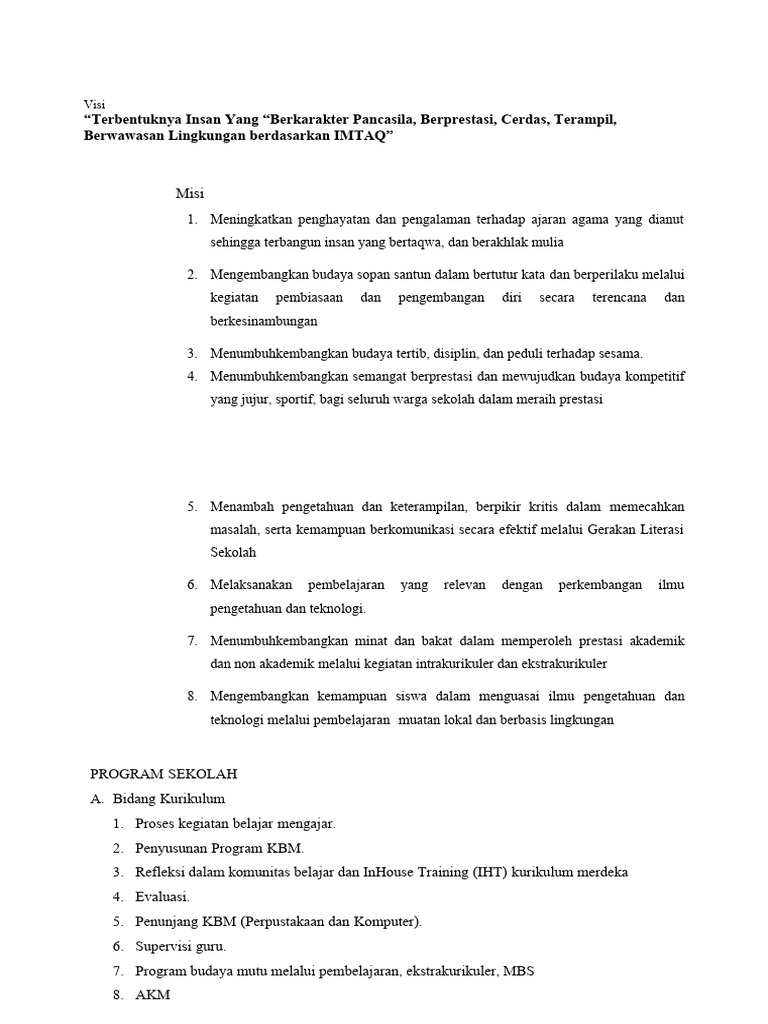Visi Misi Dan Program Sekolah Cetak MMT | PDF