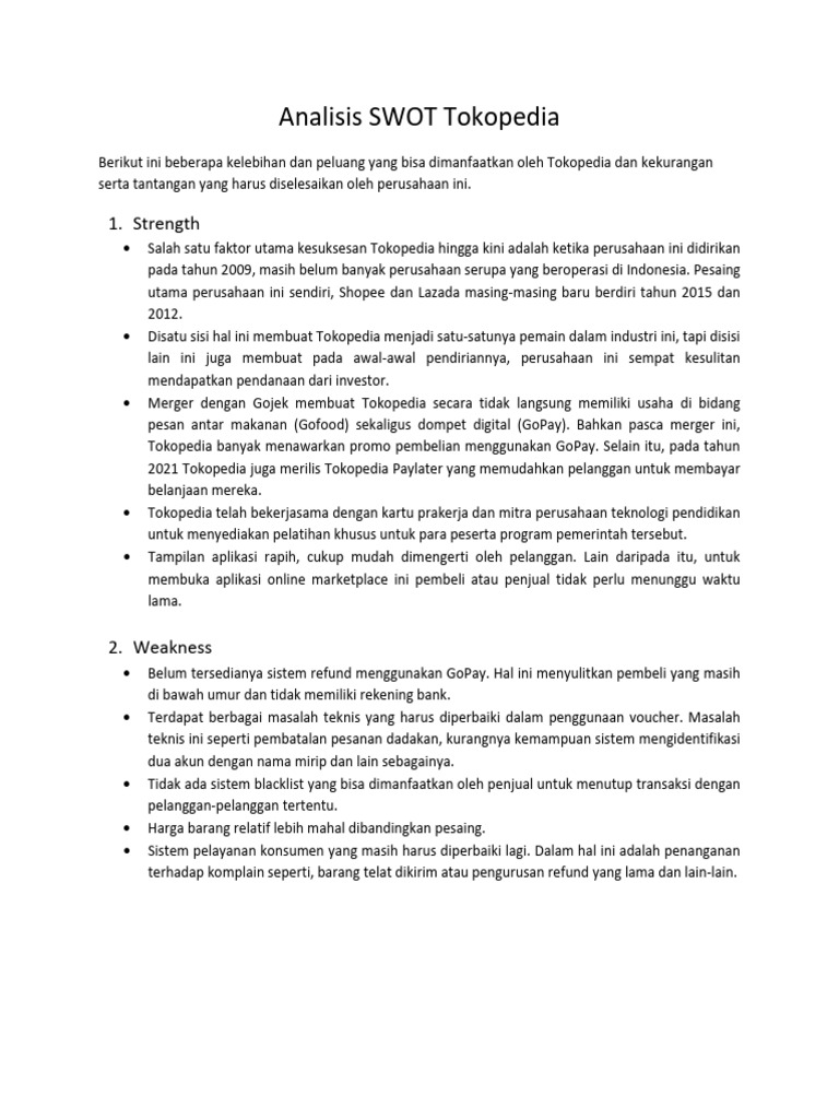 Analisis SWOT Tokopedia | PDF | Bisnis