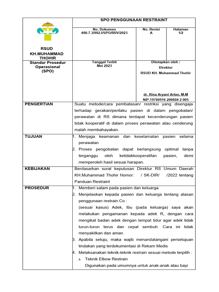 SPO Penggunaan Restraint | PDF