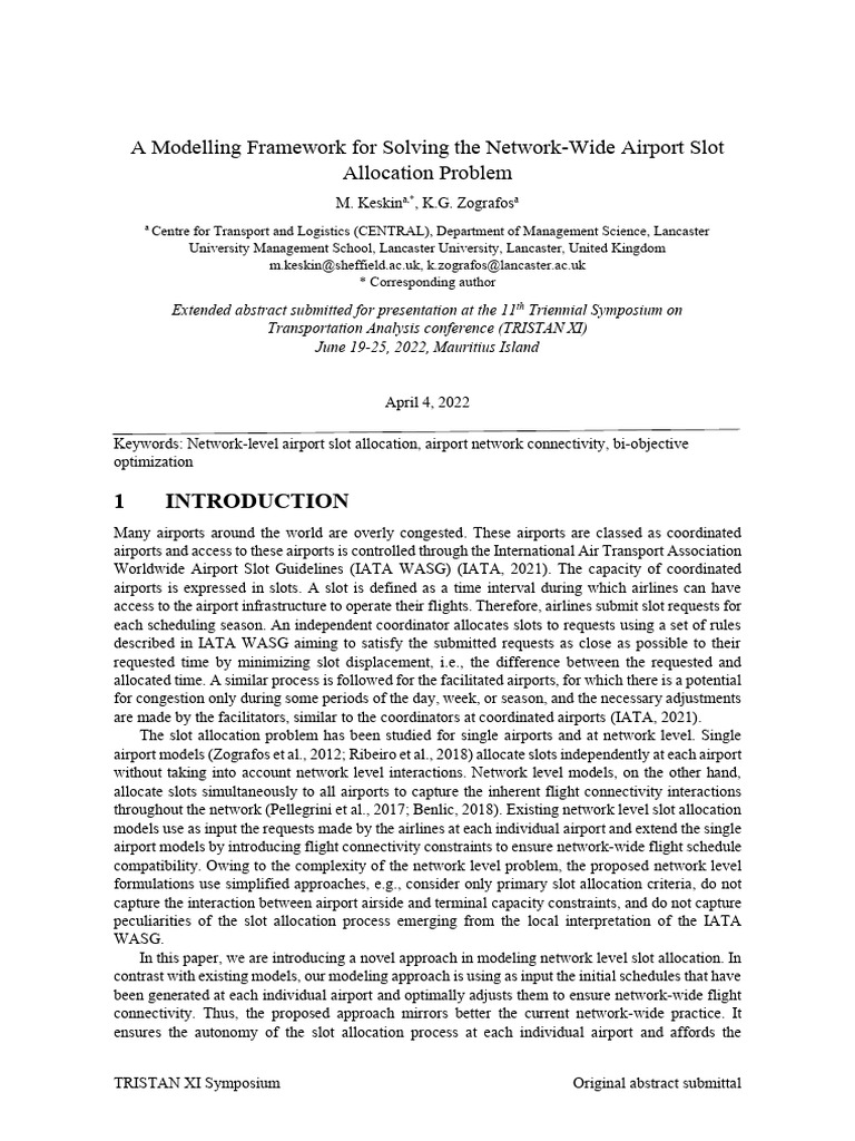 A Modelling Framework For Solving The Network-Wide Airport Slot Allocation Problem | PDF ...