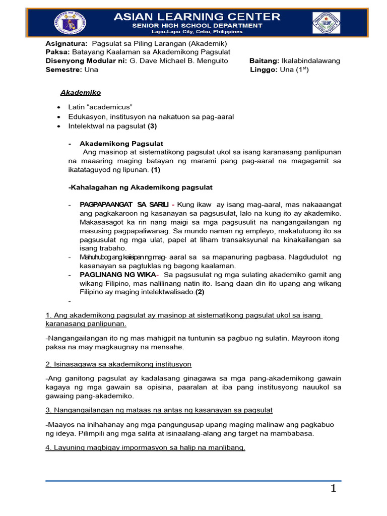 Pagsulat-Week-1 Edited 22 | PDF