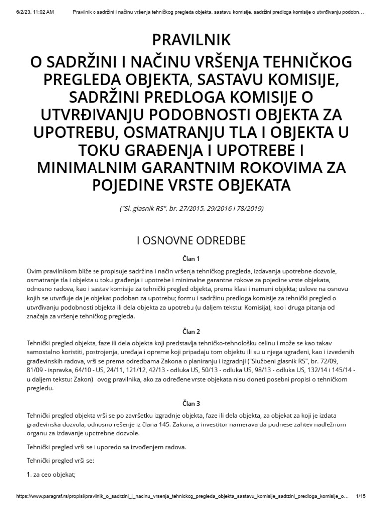 Pravilnik o Sadržini I Načinu Vršenja Tehničkog Pregleda Objekta | PDF