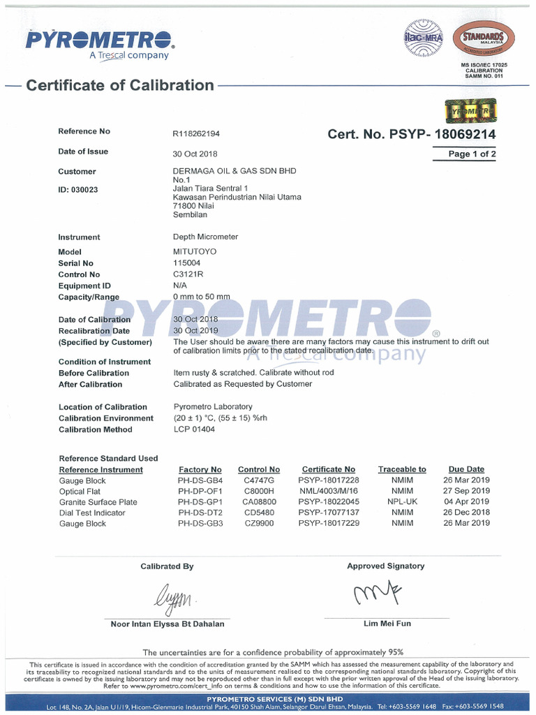 Manufacturing-Equipment Calibration Certificate | PDF
