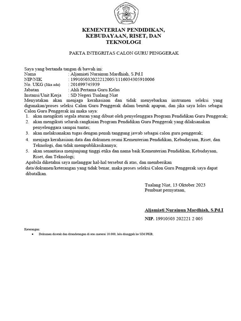 Pakta Integritas CGP 11 REGULER | PDF