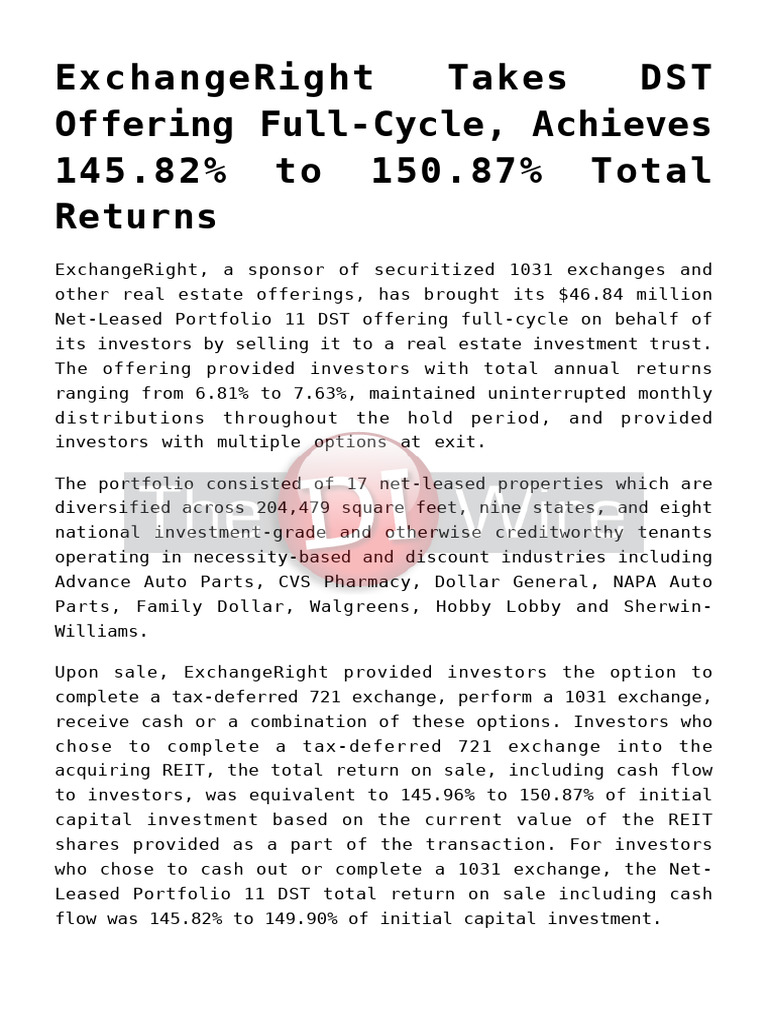 Exchangeright Takes DST Offering Full Cycle Achieves 145 82 To 150 87 ...