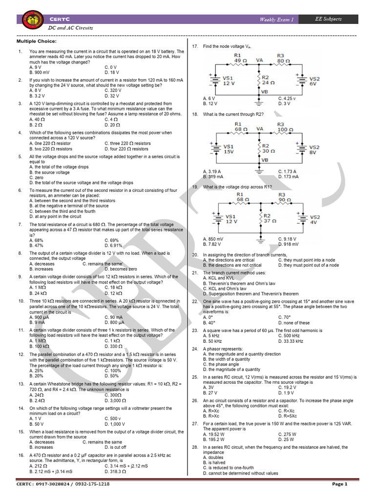 Weekly Exam 1 - DC & Ac Circuits | PDF | Electrical Impedance | Inductor