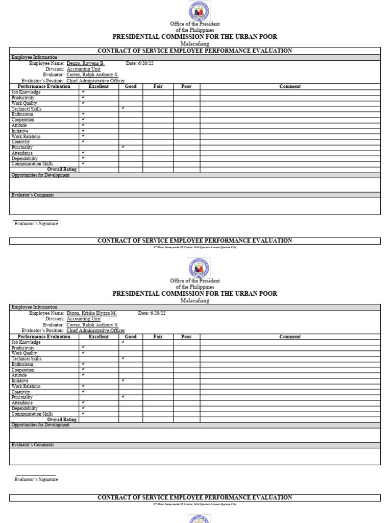 COS Performance Evaluation Form | PDF | President Of The Philippines | World Politics