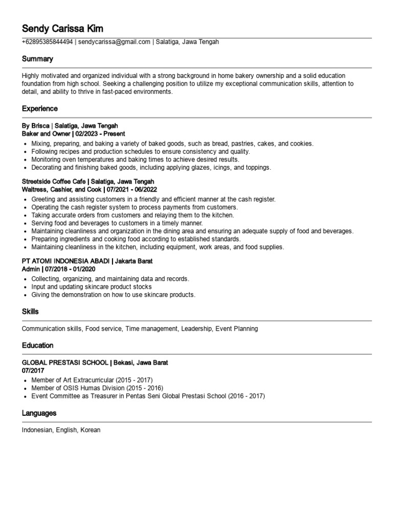 Sendy Carissa Kim - Resume | PDF