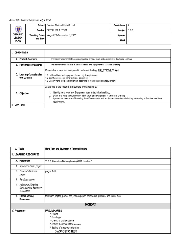 Grade 8 TLE Technical Drafting Plan | PDF | Drawing | Learning