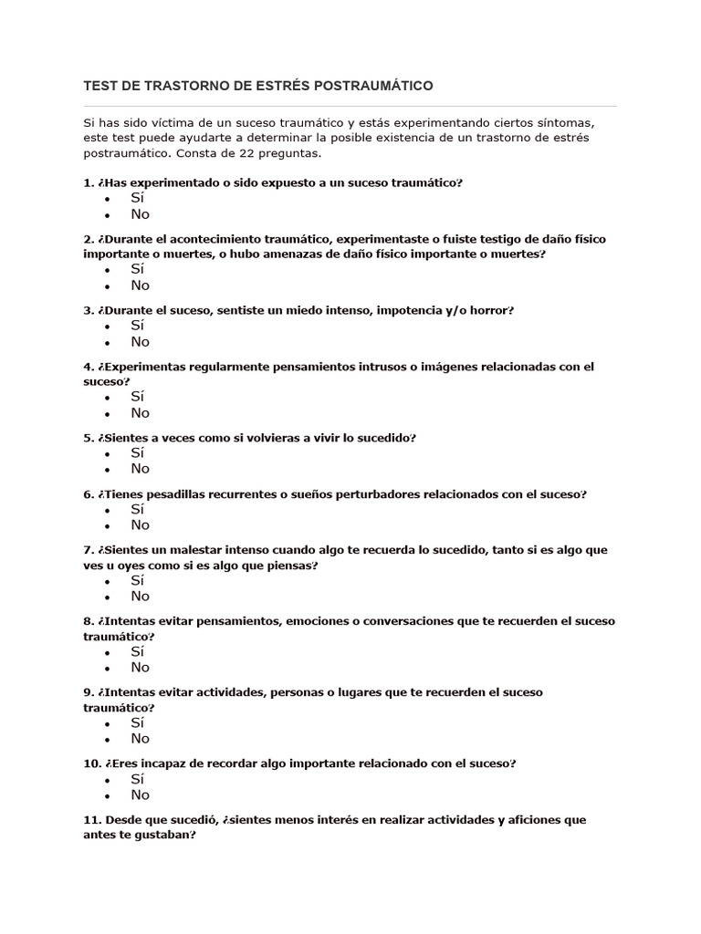 TEST DE TRASTORNO DE ESTRÉS POSTRAUMÁTICO | PDF | Psicología anormal ...