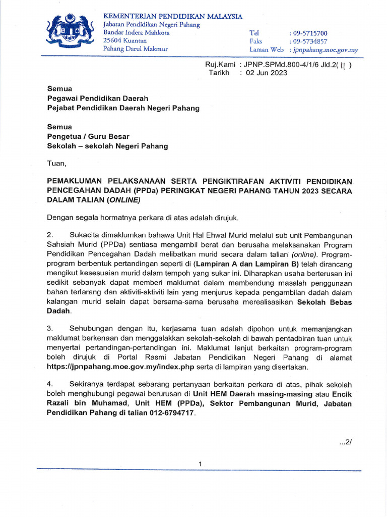 SURAT 2023 - Makluman Aktiviti Kuiz PPDa | PDF