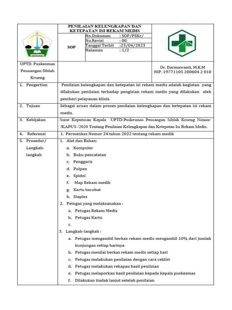 Sop Terbaru Penilaian Kelengkapan Dan Ketepatan Isi Rekam Medis | PDF