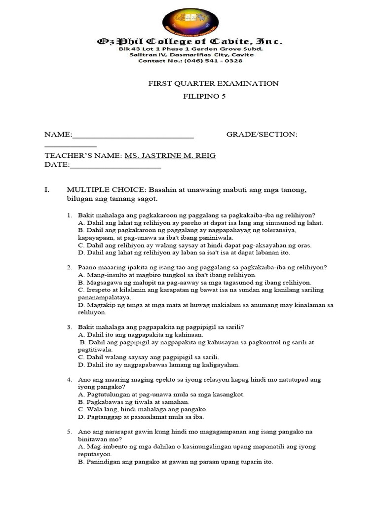 First Quarter Examination Filipino 5 | PDF