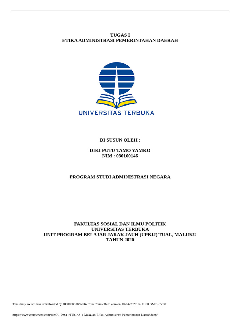 TUGAS 1 Makalah Etika Administrasi Pemerintahan Daerah | PDF