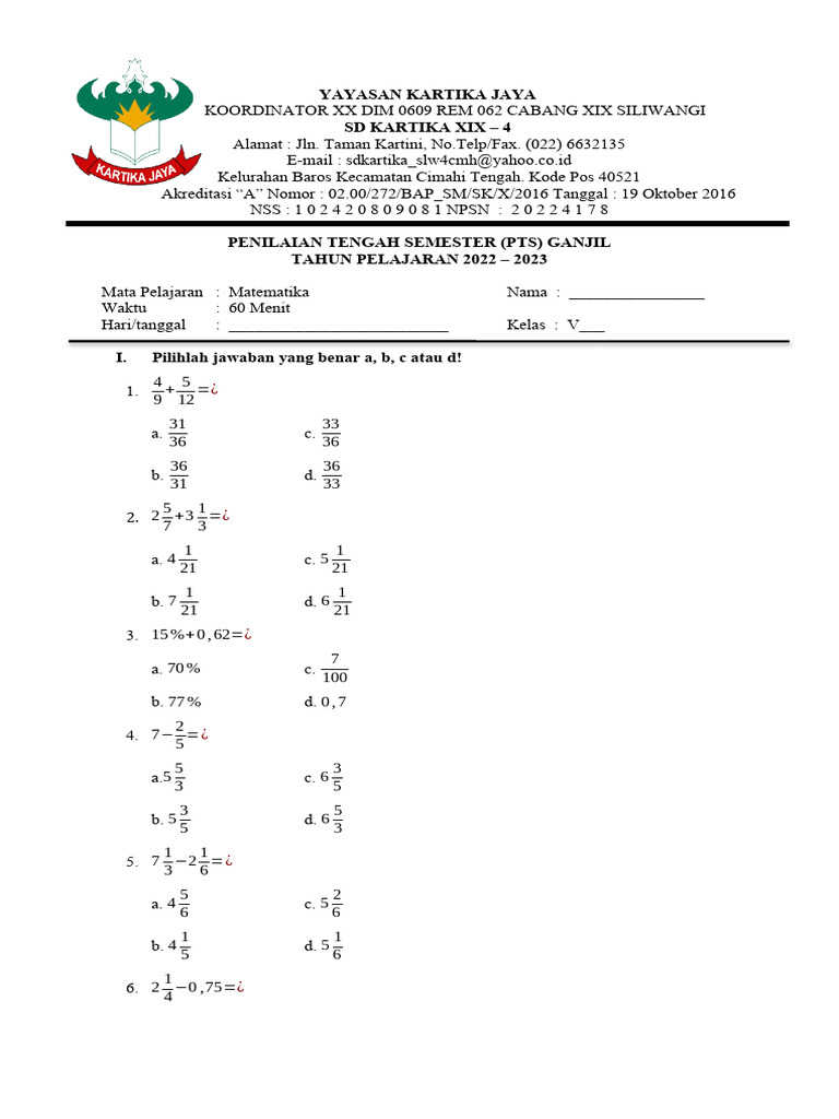 PTS Matematika Kelas 5 | PDF