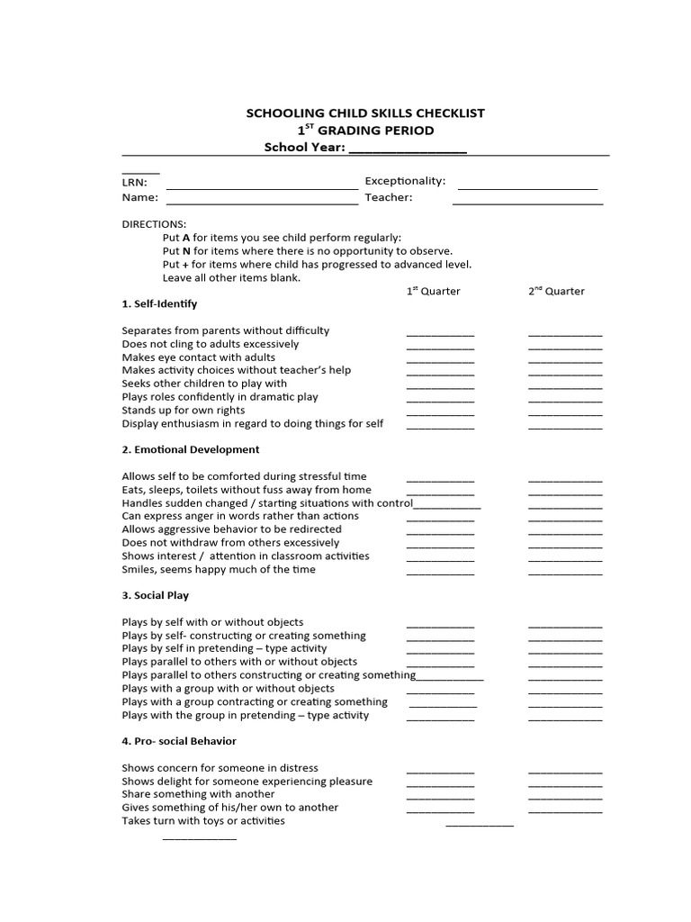 Child Skills Checklist | PDF | Self-Improvement