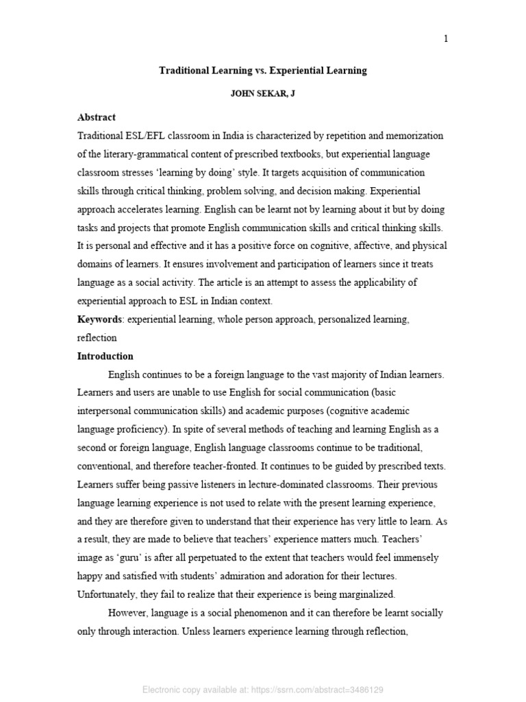 Traditional Learning vs. Experiential Learning | PDF