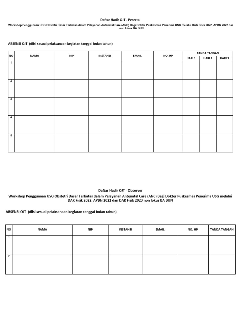 Daftar Hadir OJT USG Obstetri 2022 | PDF
