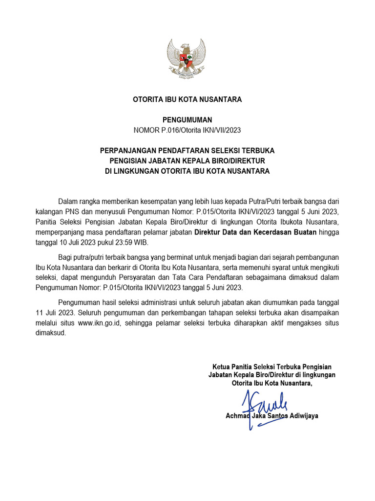 P.016 Perpanjangan Seleksi Kabiro Direktur Oikn | PDF