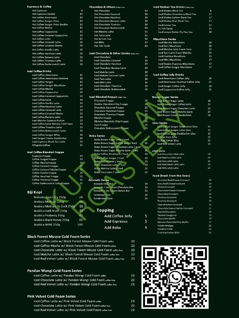 Menu Kuta Alam Roastery Ok - 25 Maret 2022 | PDF