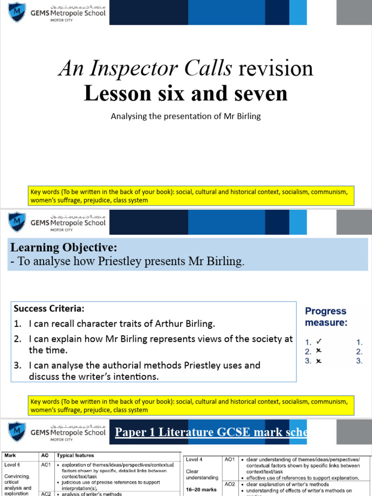 Yr 11- AIC Revision- Lesson 6-8 Analysing Mr Birling | PDF